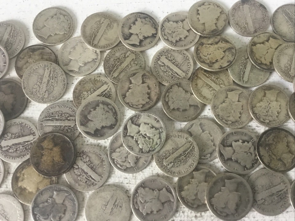 50 Coin Mercury Dime Lot 90% Silver Cull Slick $5 Face Winged Liberty ...