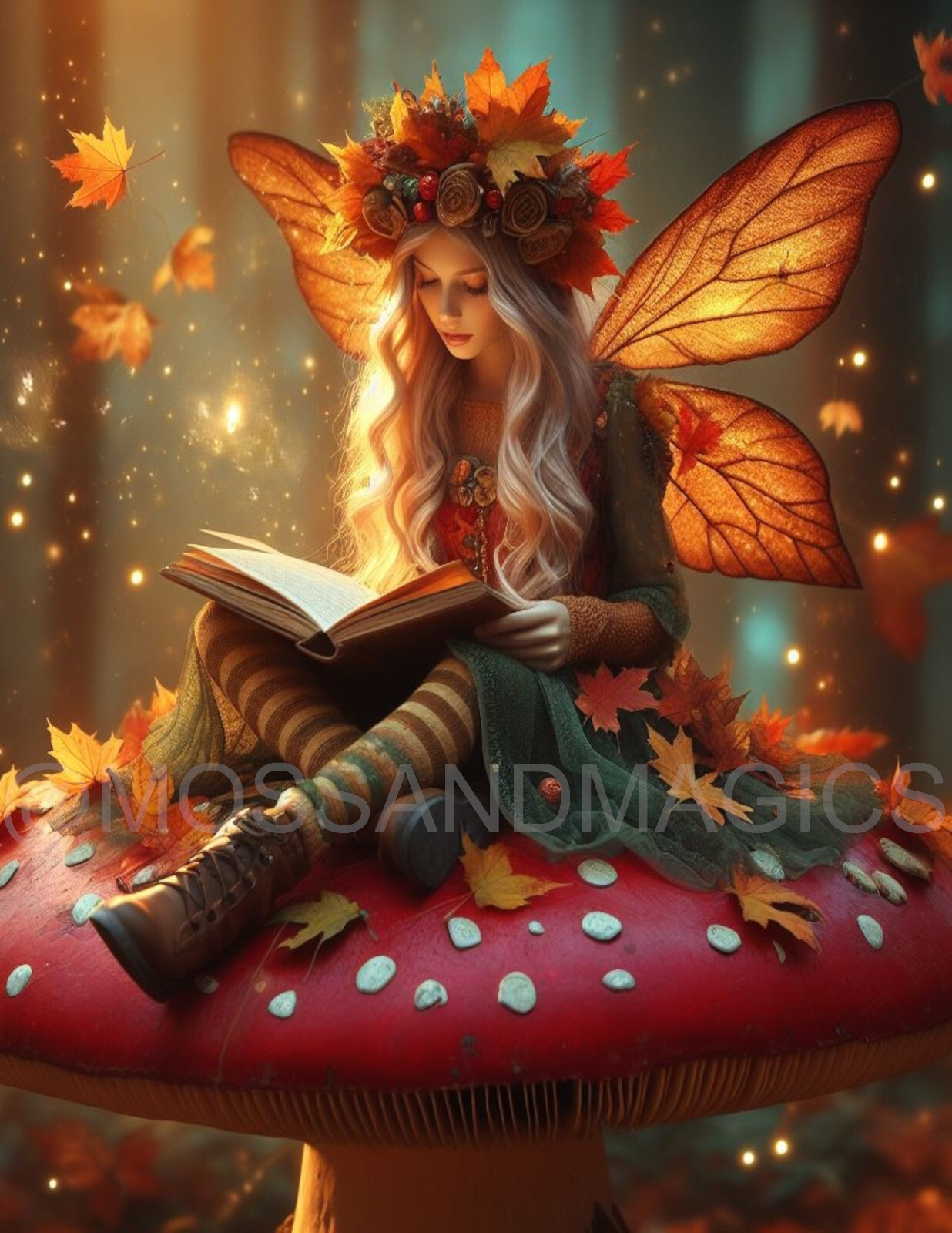 Autumn Fairy Reading a book on a Mushroom Whimsical FairyCore Fantasy ...