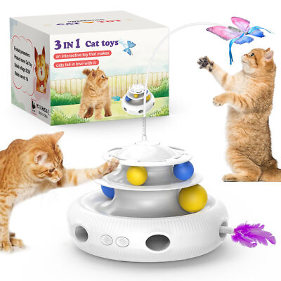 3in1 Interactive Cat Toy,Trackball Pet Toys,Autorotation Feather Stick ...