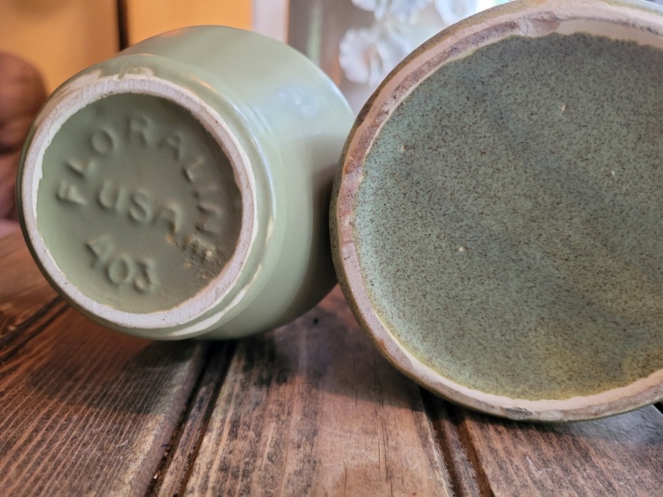 2 Vintage Floraline McCoy Pottery Matte Olive Green #403 Bulbous Vase 9 ...