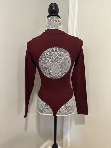 Anwnd Women’s M/L Maroon Backless Long Sleeve Thong Mock Neck Stretch ...