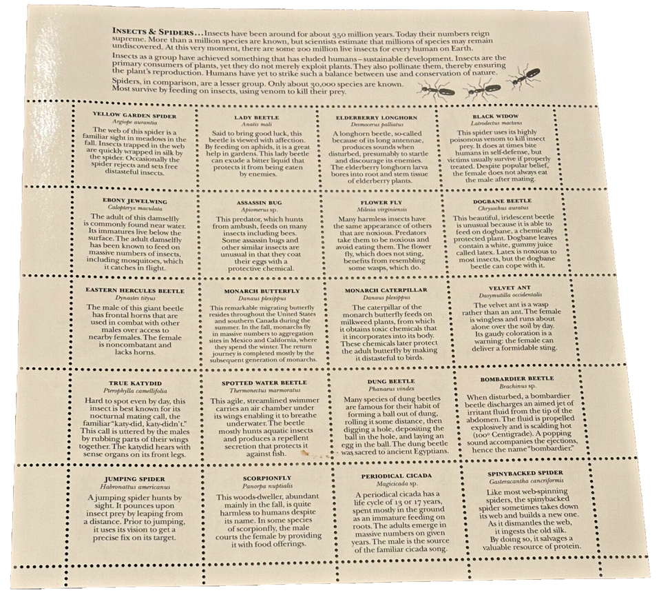 INSECTS & SPIDERS 20 Stamp 33c Full Souvenir Sheet 1998 USPS | eBay