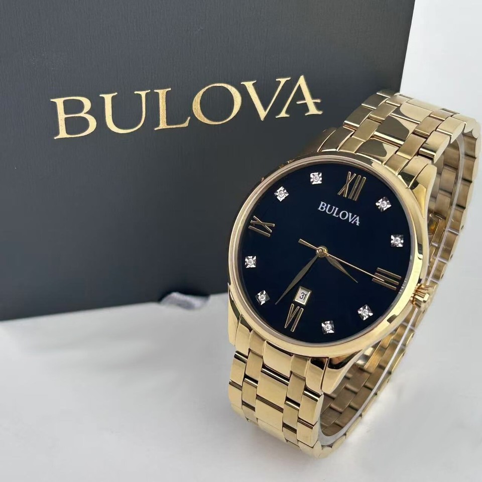 Bulova 97D108 Diamond Black Dial Gold Bracelet Classic Men's Quartz ...