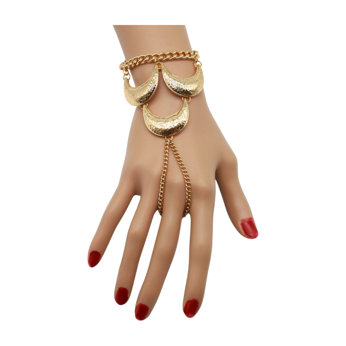 Women Gold Metal Hand Chain Bracelet Moons Charm Connected Ring Unique ...