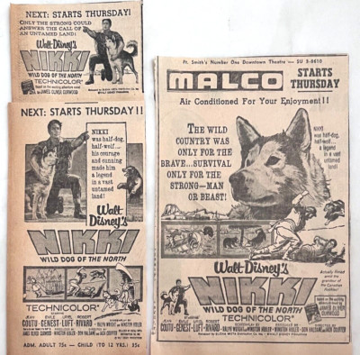 3 1961 newspaper ads for movie Walt Disney's Nikki Wild Dog of the ...