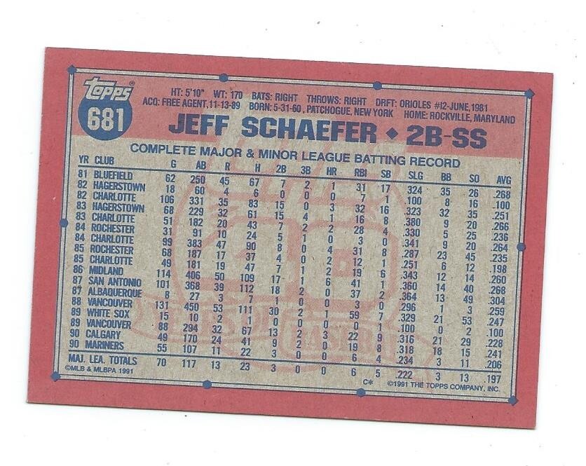 Jeff Schaefer Hand Signed autograph on a 1991 Topps card-Seattle ...