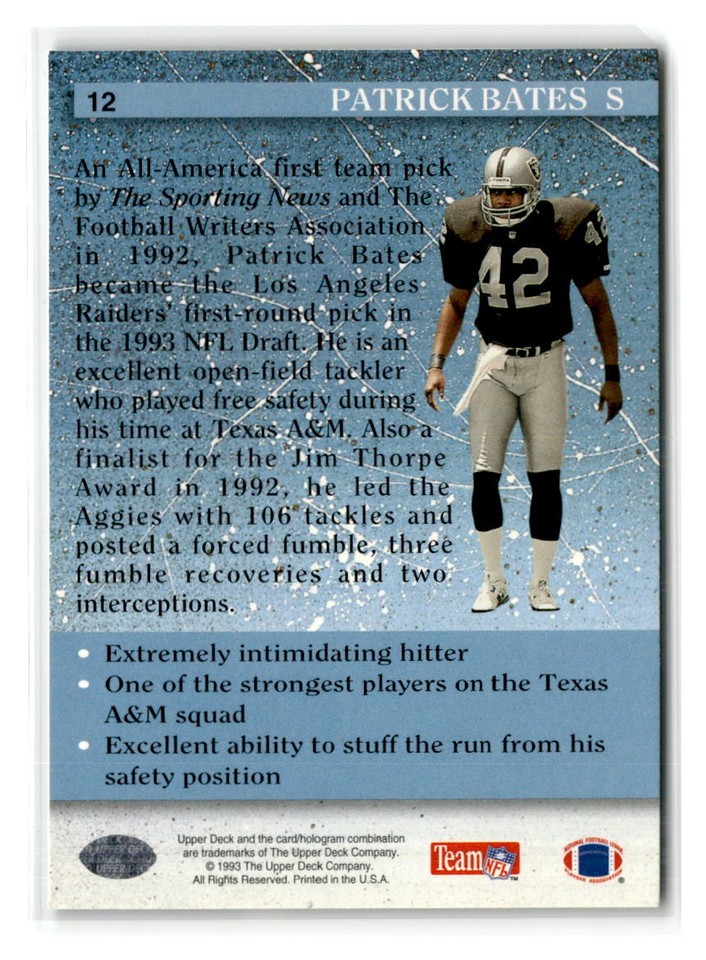 1993- Upper Deck-#12-Patrick Bates RC-Los Angeles Raiders | eBay