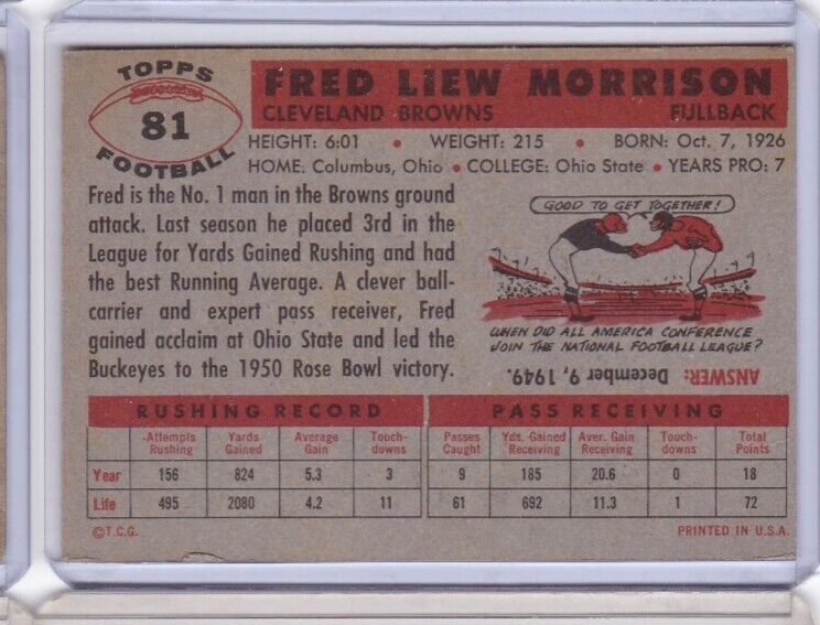 1956 Topps Football Fred Morrison 81 Cleveland Browns | eBay