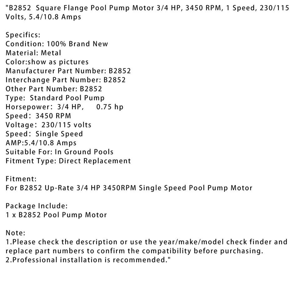 B2852 Square Single Speed Pool Pump Motor 3/4 HP 3450RPM | eBay