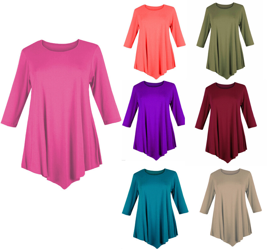 LADIES V-CUT TUNIC TOP PLUS SIZE LOOSE LADIES DRESS SWING BAGGY 3/4 ...