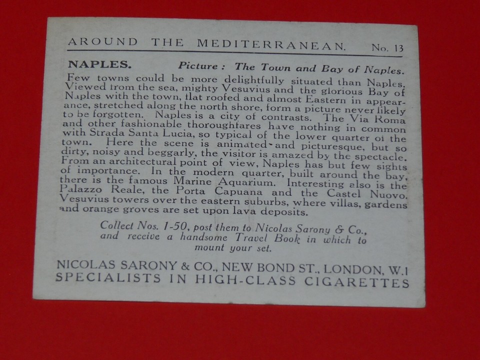 SARONY CIGARETTES CARD 1926 AROUND MEDITERRANEAN #13 NAPLES NAPOLI BAIE ...