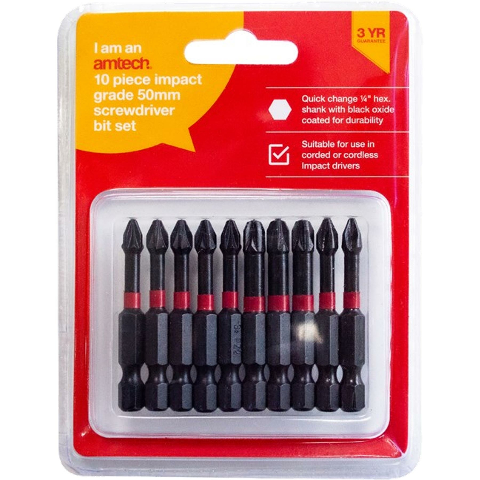 Amtech 10pcs 50mm Impact Screwdriver Phillips PZ2 PZ3 PH2 Pozi Hex Bits ...