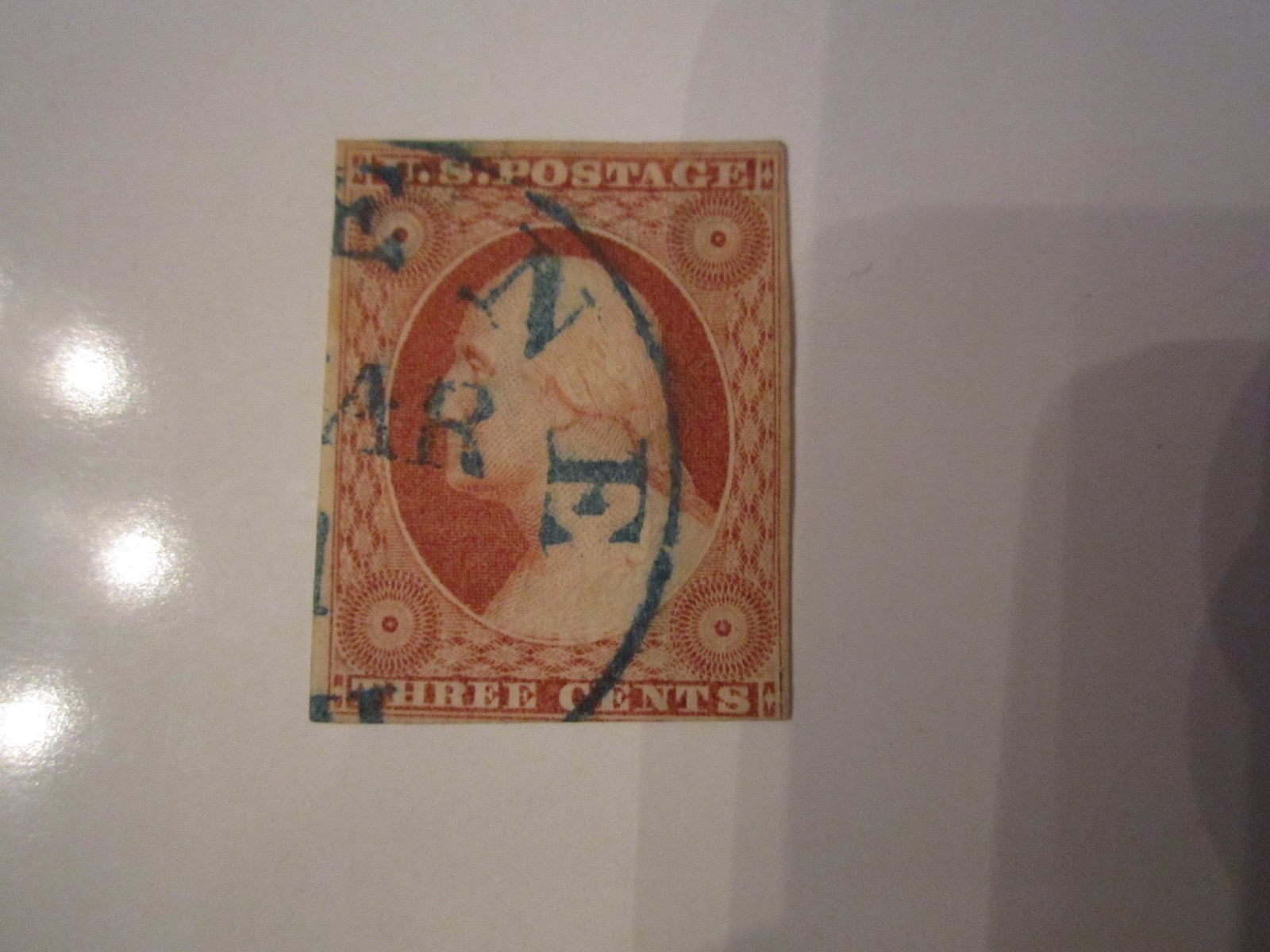 U.S. STAMP SCOTT #11A PLATE 1 THREE CENT STAMP - ORANGE BROWN - BLUE ...