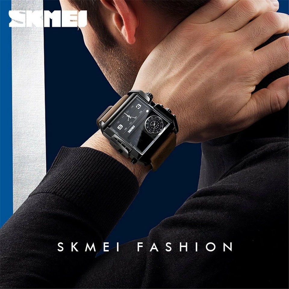 SKMEI Men Watch Square Dial Digital Sport Watches Leather Chronograph ...