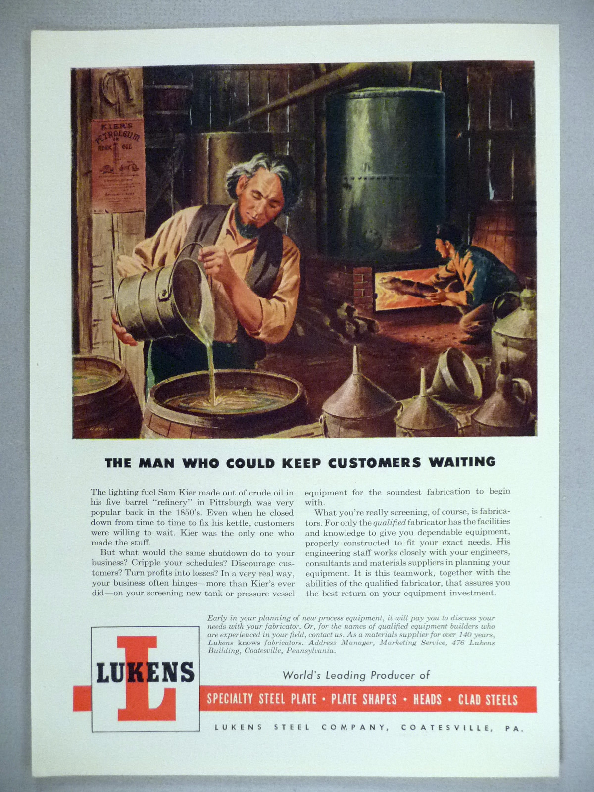 Lukens Steel PRINT AD - 1953 ~~ story of Sam Kier's petroleum oil | eBay