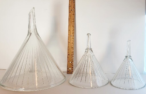 Funnel Set of 3 Ribbed Heavy Flint Glass Mooney AIR VENT Lab Pharmacy ...