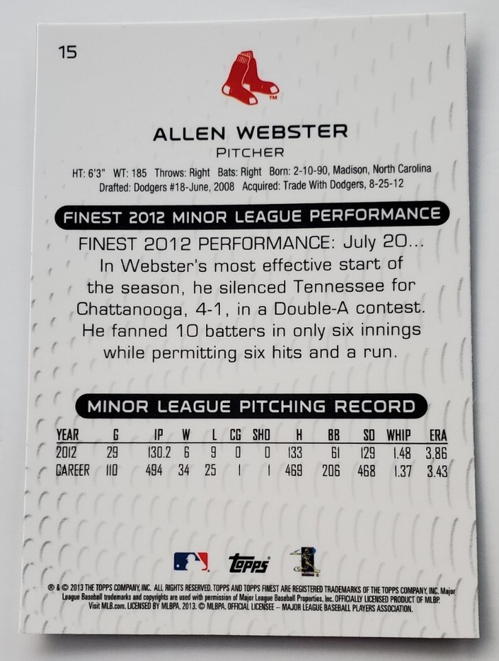 2013 Topps Finest Allen Webster Boston Red Sox #15 RC | eBay