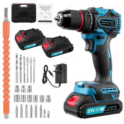 Brushless Cordless Drill Driver 21V Hammer Drill 2 Batteries LED Light ...