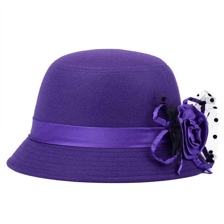 Retro Women Wool Felt Bucket Cap Ladies Flower Cloche Church Bowler Hat ...