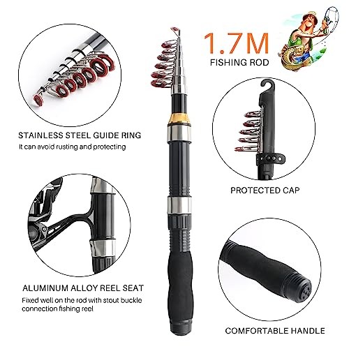 1.7M Telescopic Fishing Rod Reel Combo Kit with Line, Lures & Carry Bag ...