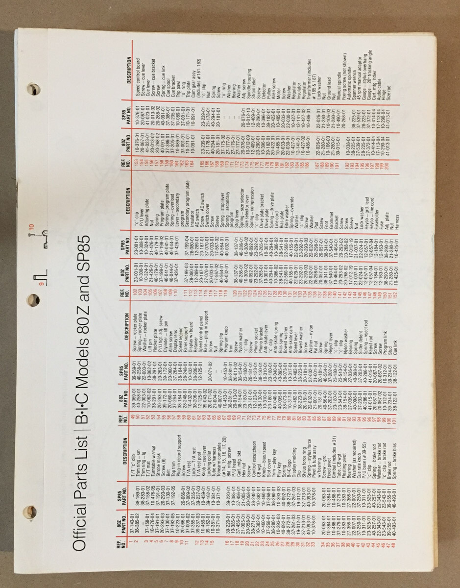 BIC B*I*C* Model 80z SP85 Record Player / Turntable Parts List Manual ...