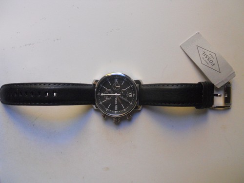 Fossil Rhett BQ1006 42mm Silver Stainless Steel Case with Black Leather ...