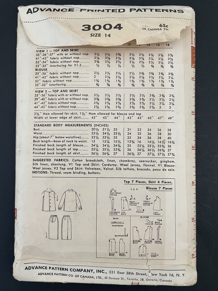 3004 Advance Vintage 1950s MATERNITY Top Blouse Skirt EASY Sewing Pattern Sz 14 | eBay