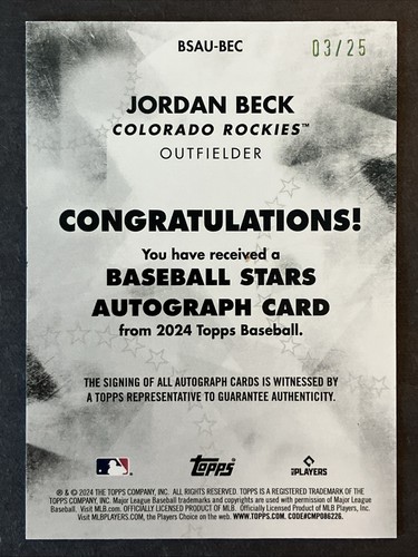 Jordan Beck 2024 Topps Update #BSAU-BEC Baseball Stars Autos Red /25 RC ...