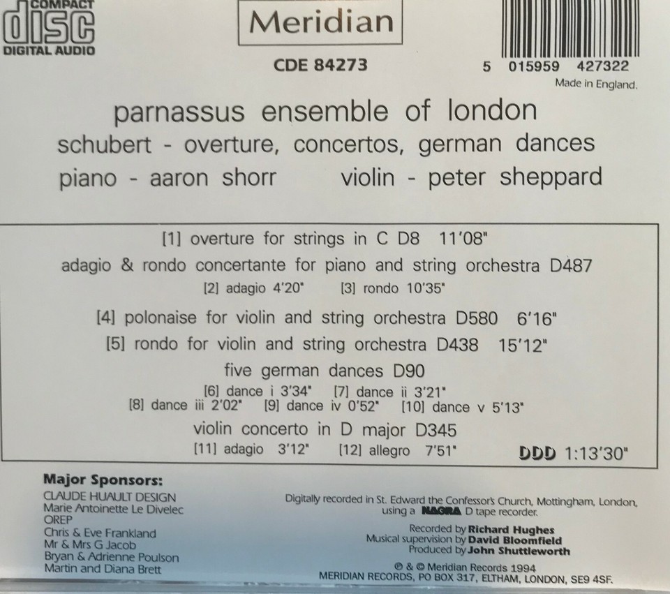 Parnassus Ensemble Of London: Schubert Aaron Shorr (CD Meridian) *Very ...