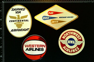 Vintage Airline Labels Lot #8: 4 Diff.; Continental/Northeast/Western ...