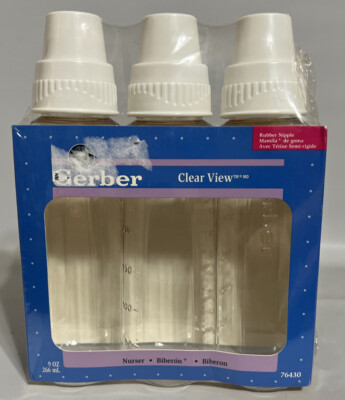 Vtg. Gerber Rubber nipple 3-pack clear view baby bottles 9 oz plastic ...