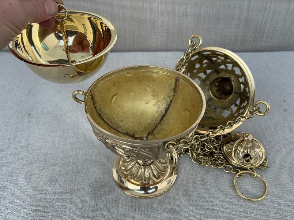 Traditional Triple Chain Brass Church Censer, Thurible w/Liner (Q395 ...