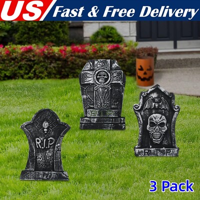 3Pcs Halloween Foam Rip Tombstones Yard Sign takes Scary Cemetery Decor ...