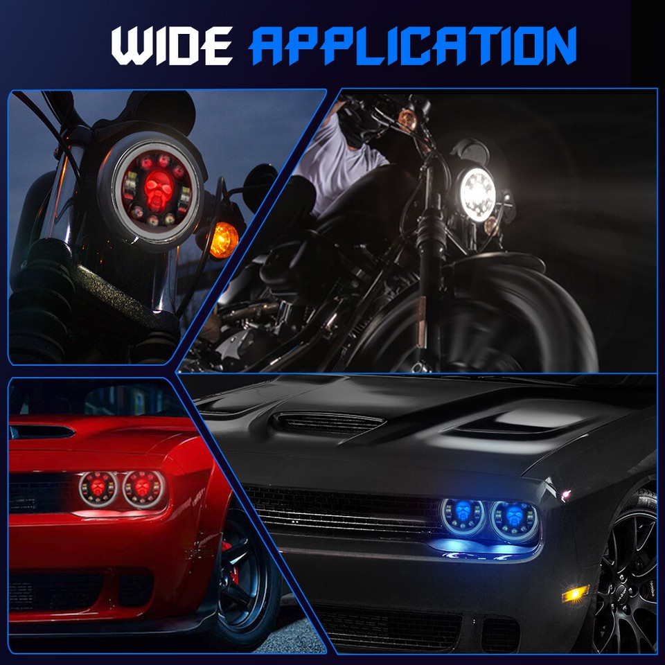 RGB Skull 5-3/4" 5.75 LED Headlight Hi-lo Beam Halo DRL for Motorcycle ...