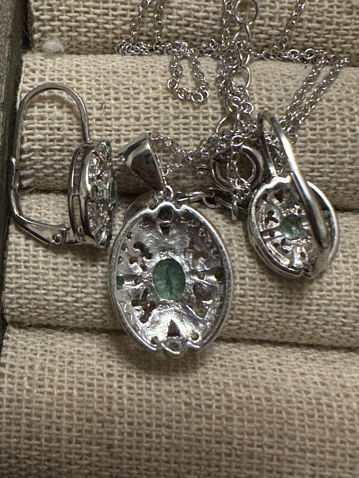 925 STERLING STAUER REAL EMERALD & DIAMOND ACCENT PENDANT NECKLACE ...