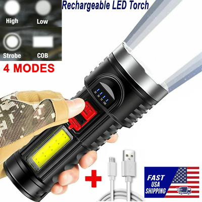Super Bright LED FLASHLIGHT Torch Tactical USB Rechargeable & Battery 4 ...