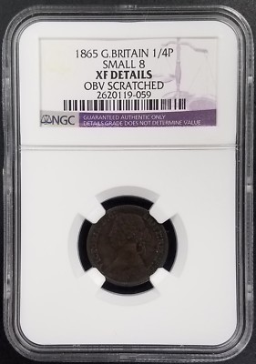 1865 Farthing, small 8 variety, Great Britain. Certified XF Details by ...