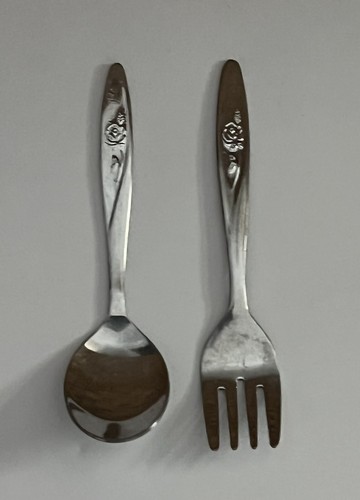 Vintage Evenflo Toddler Stainless Flatware Fork & Spoon • Rose Pattern ...