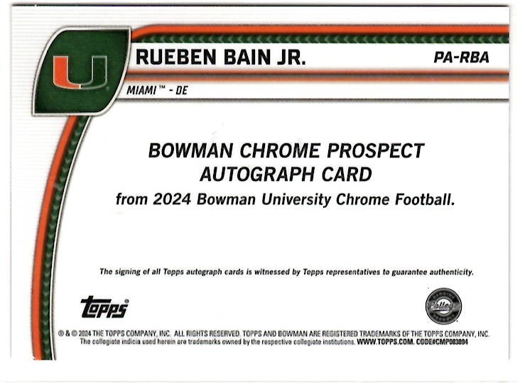 2024 Bowman Chrome U Rueben Bain Jr Rookie Prospect Auto Fuchsia ...