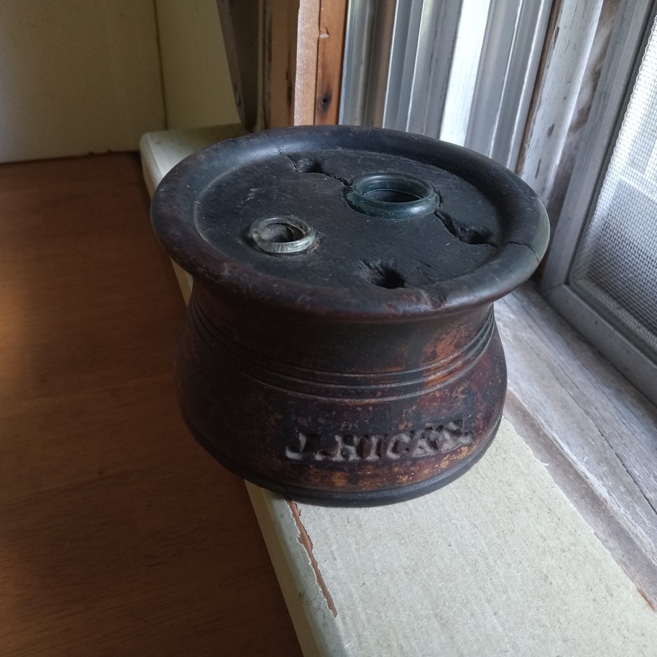 1830s J.HICKS NEW ENGLAND DOUBLE INKWELL 2 OPEN PONTIL BOTTLES ENCASED ...
