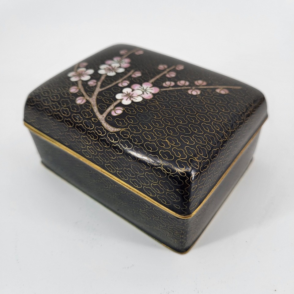 Vintage Chinese Cloisonne Trinket Box Black Cherry Blossom Floral ...