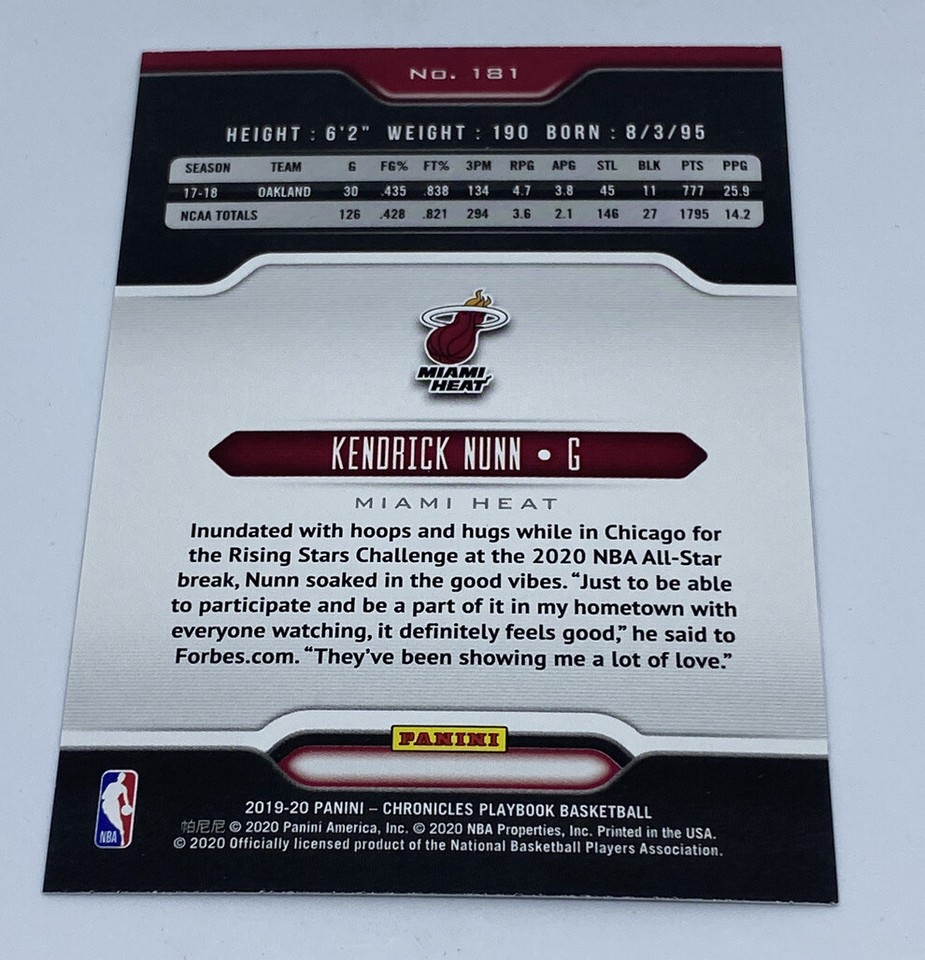 2019-20 Panini Chronicles Kendrick Nunn Playbook Rookie Card #181 RC ...