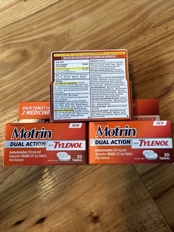 Motrin Dual Action With Tylenol Pain Reliever 20 TABS.- LOT OF 3- EXP ...