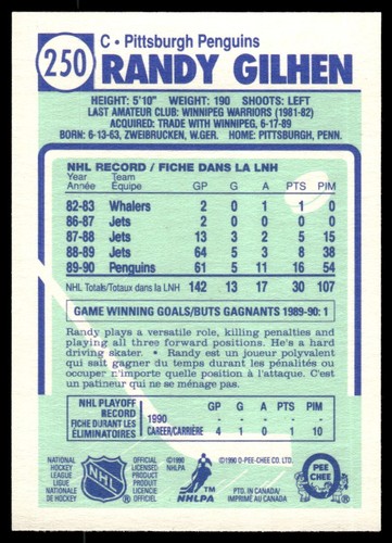 1990-91 O-Pee-Chee !! Randy Gilhen Rookie Pittsburgh Penguins #250 | eBay