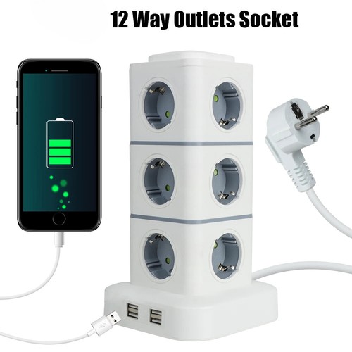12 Way Outlets Socket Multi Power Strip Vertical 2.8m Extension Cord EU ...