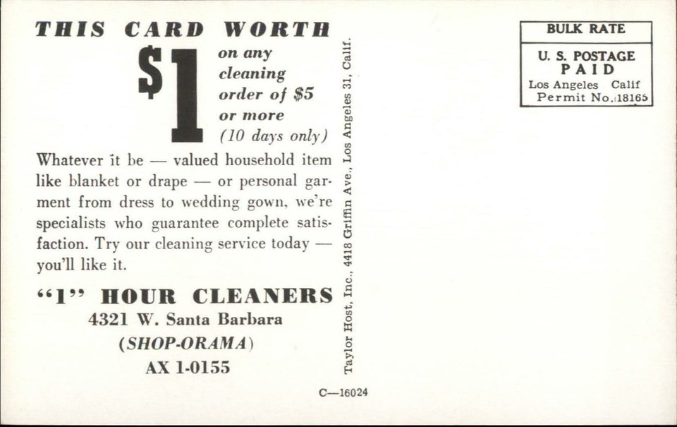 Los Angeles CA 1 Hour Dry Cleaners Advertising Coupon Postcard 1950s | eBay