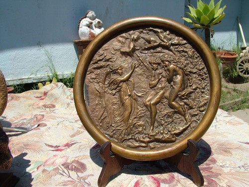 ANTIQUE 19THc. ROUND BRONZE PLAQUE HARKENING ANGEL WITH ADAM & EVE | eBay