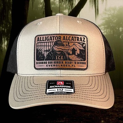 Alligator Alcatraz Swamp ICE Funny Leather Patch SnapBack Trucker Hat ...