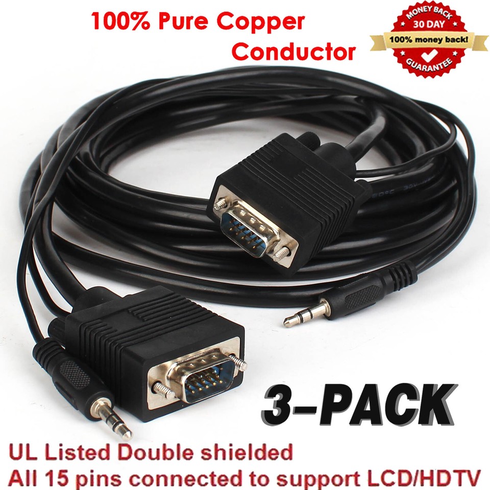 Long 15 feet Shielded VGA SVGA Cable with 3.5mm Audio, HD15 Male to ...