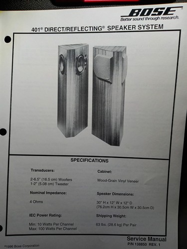 BOSE 401 Service Manual Original Direct Reflecting Speaker System | eBay